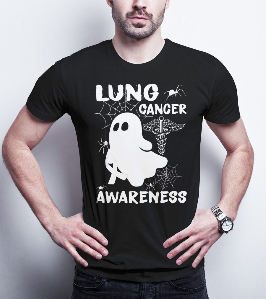 Lung Cancer Awareness Boo Ghost With Spider Webs And Spider T-Shirt