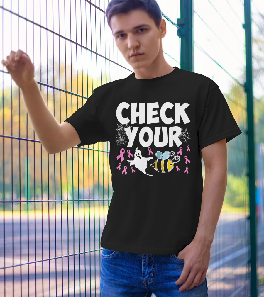 CHECK YOUR BOO BEES Breast Cancer Awareness Halloween Ghost And Bee With Ribbons T-Shirt
