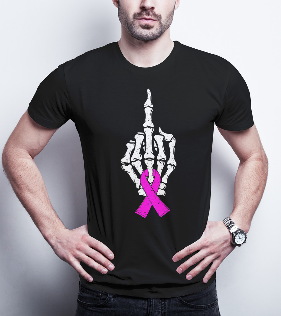 Breast Cancer Skeleton Middle Finger Pink Ribbon Awareness T-Shirt