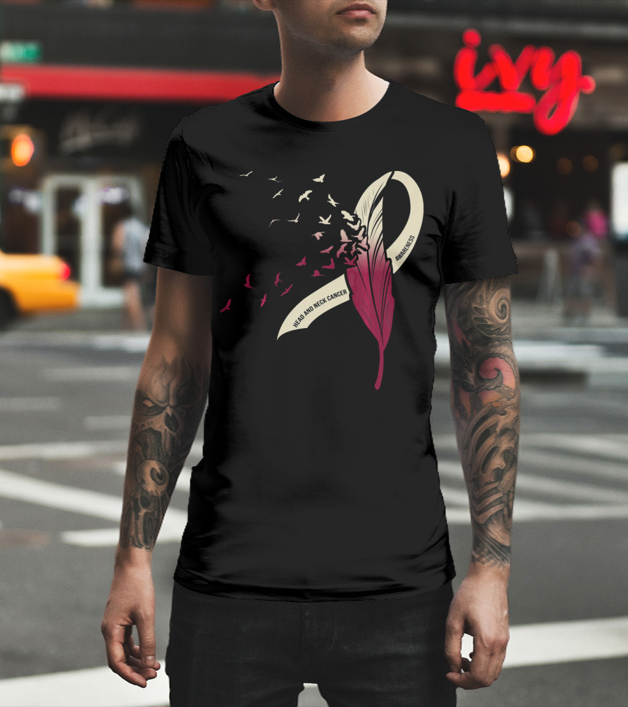 Head And Neck Cancer Awareness Feather Ribbon With Birds T-Shirt
