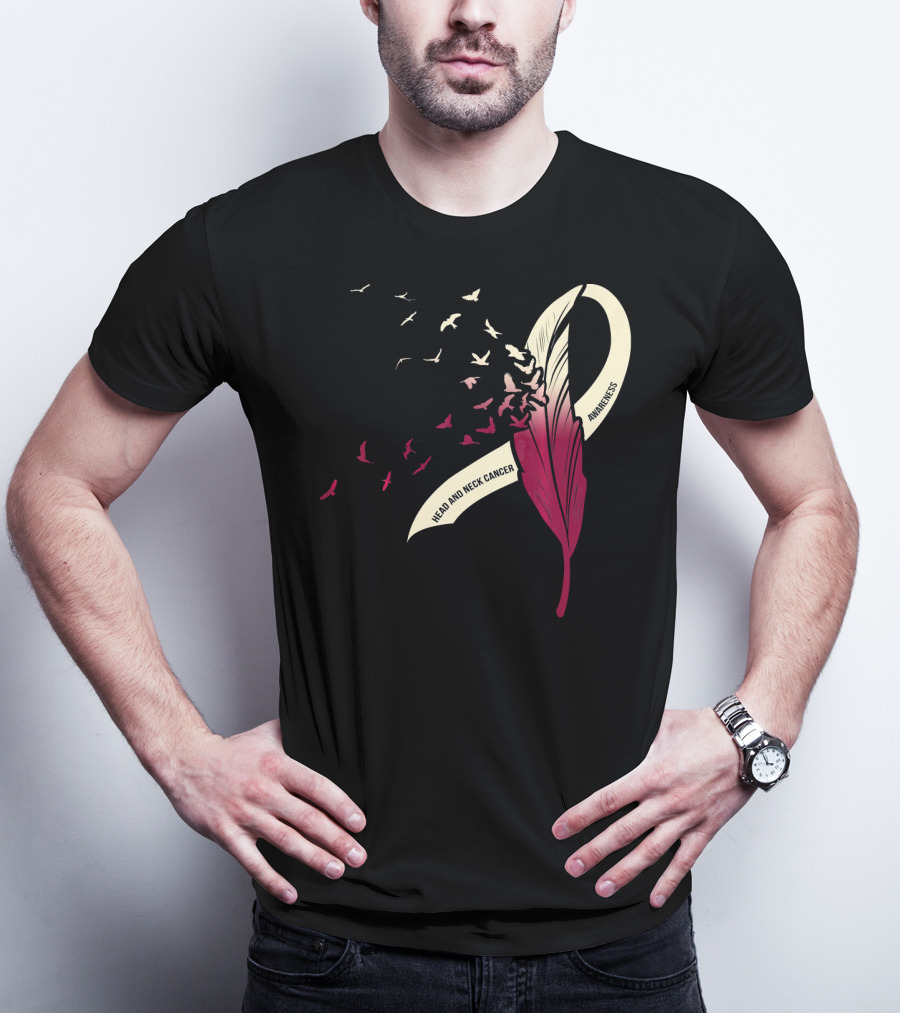 Head And Neck Cancer Awareness Feather Ribbon With Birds T-Shirt