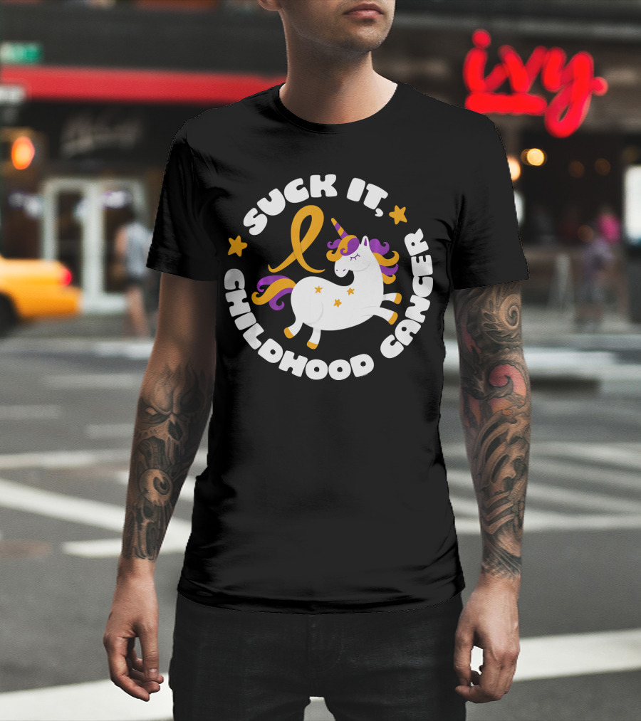 Suck It Childhood Cancer Unicorn Ribbon Fighter T-Shirt