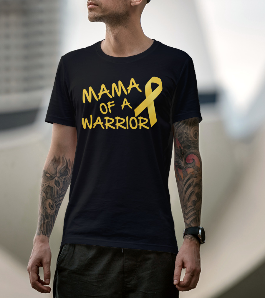Mama Of A Warrior Yellow Ribbon Childhood Cancer Awareness T-Shirt