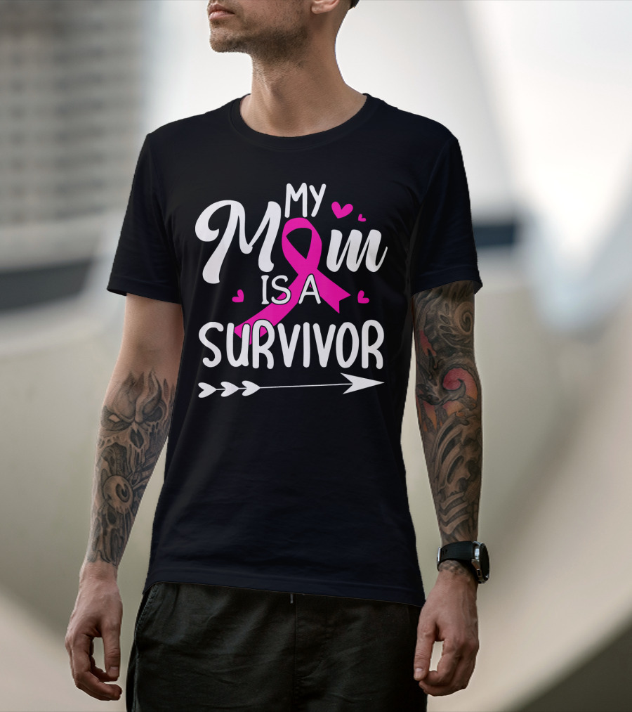 My Mom Is A Survivor Breast Cancer Awareness Pink Ribbon Hearts Arrow T-Shirt