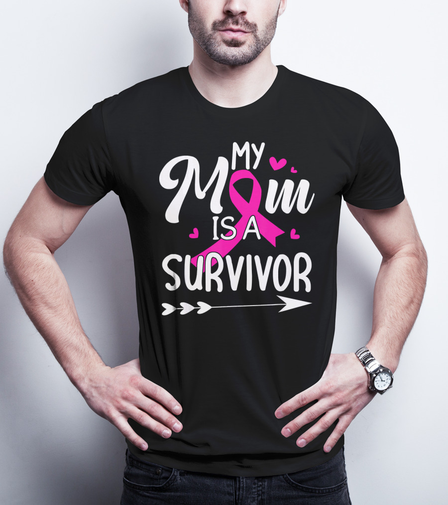 My Mom Is A Survivor Breast Cancer Awareness Pink Ribbon Hearts Arrow T-Shirt