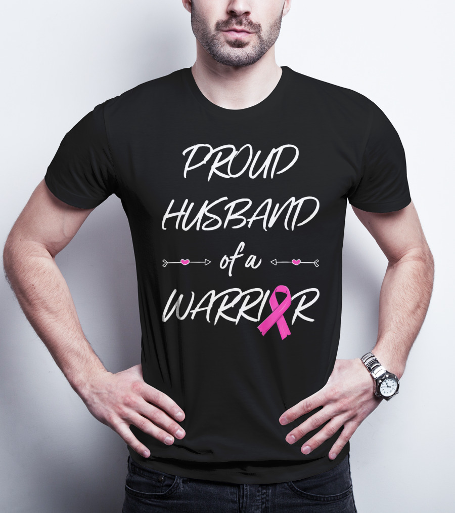 Proud Husband Of A Warrior Breast Cancer Pink Ribbon Hearts T-Shirt