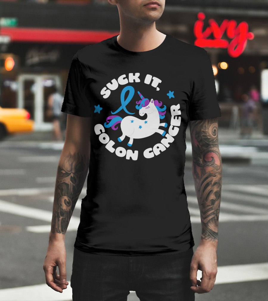 Colon Cancer Awareness Unicorn Suck It Fun T-Shirt