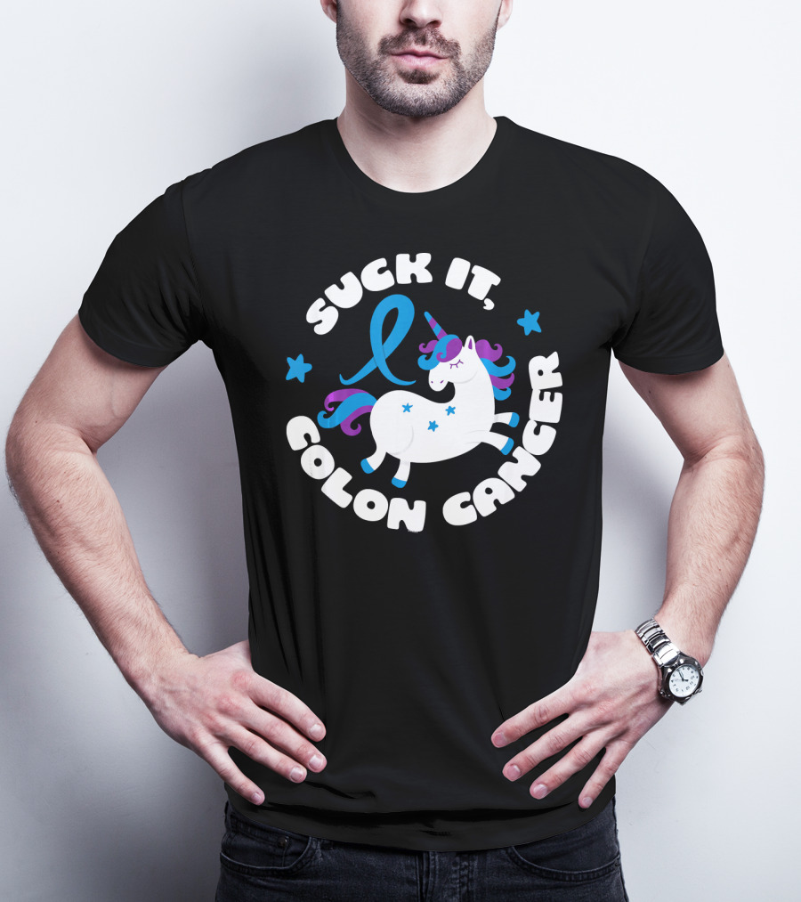 Colon Cancer Awareness Unicorn Suck It Fun T-Shirt