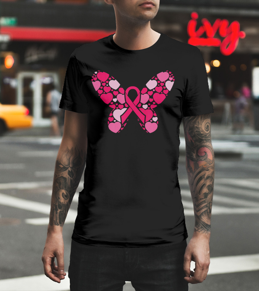 Pink Ribbon Hearts Butterfly Breast Cancer Awareness T-Shirt
