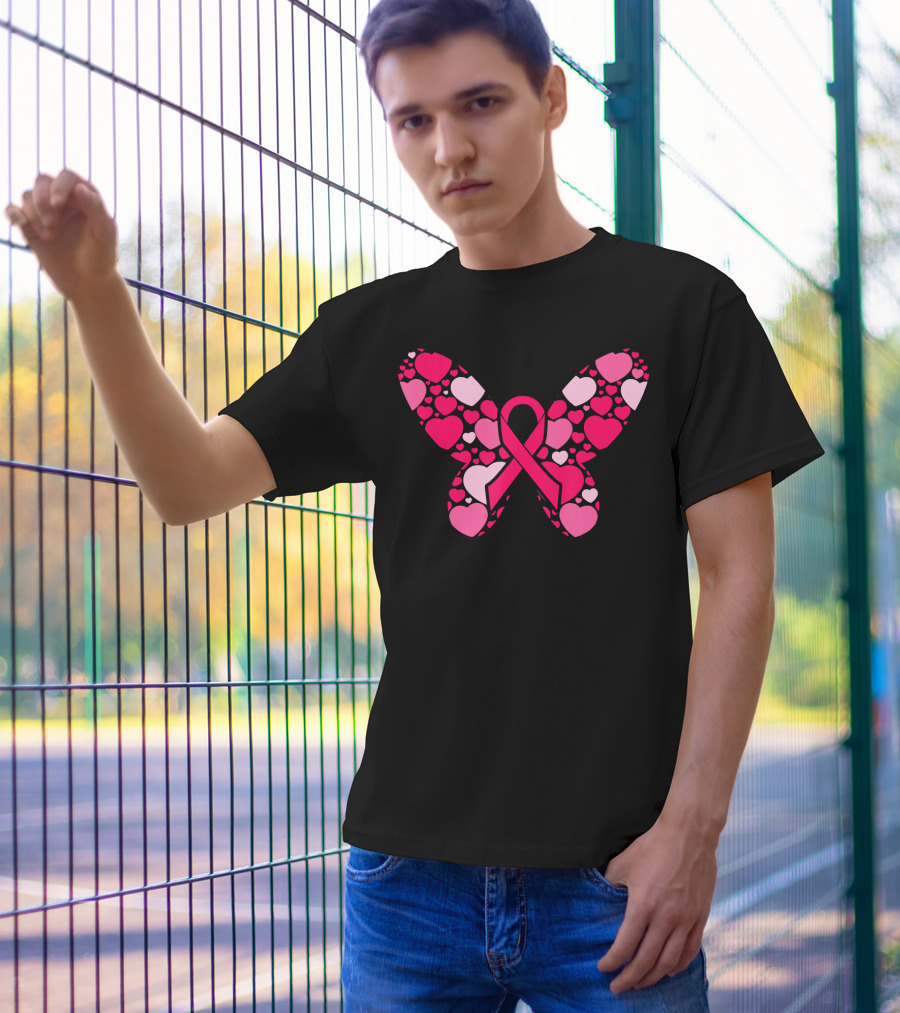 Pink Ribbon Hearts Butterfly Breast Cancer Awareness T-Shirt