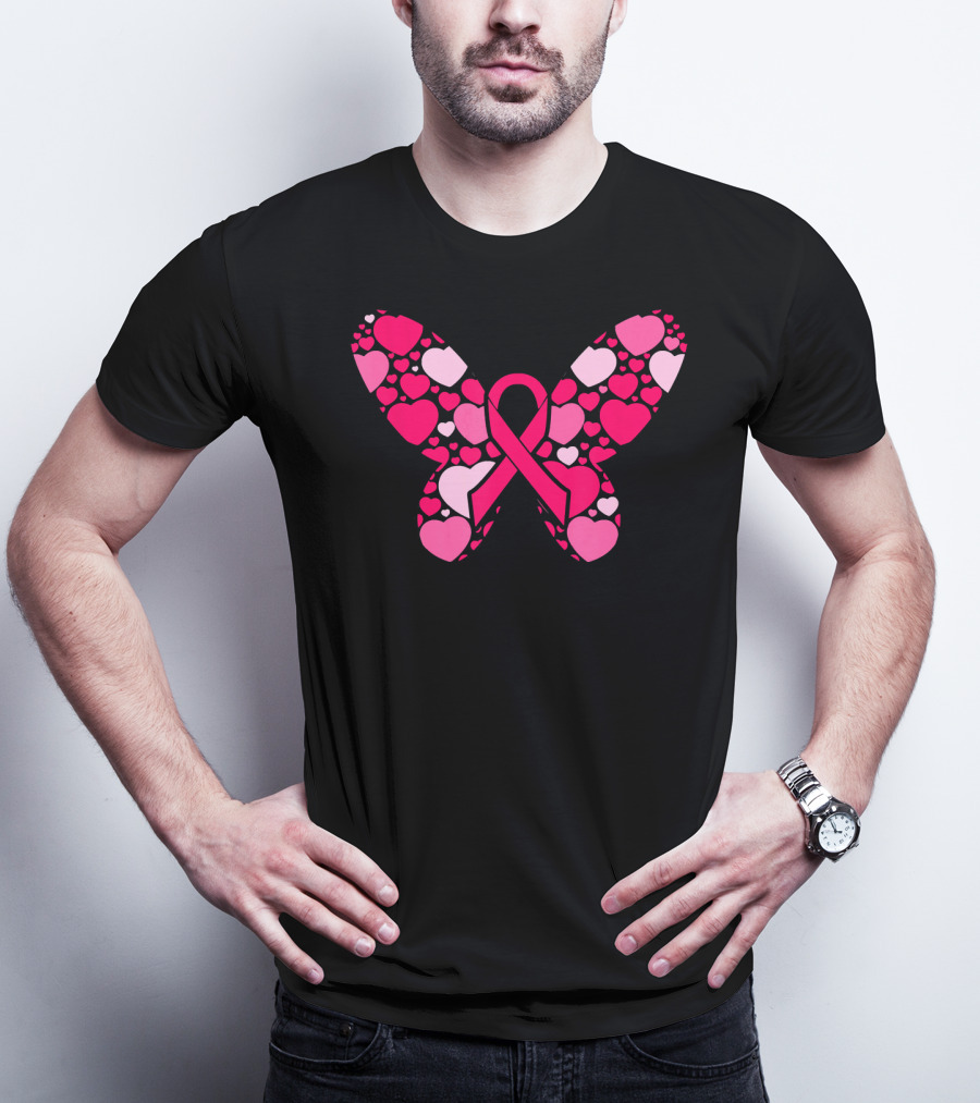 Pink Ribbon Hearts Butterfly Breast Cancer Awareness T-Shirt