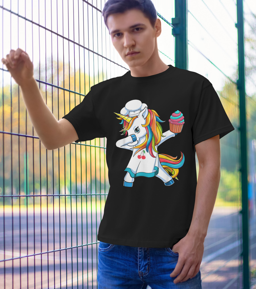 Dabbing Unicorn Rainbow Chef With Cupcake T-Shirt