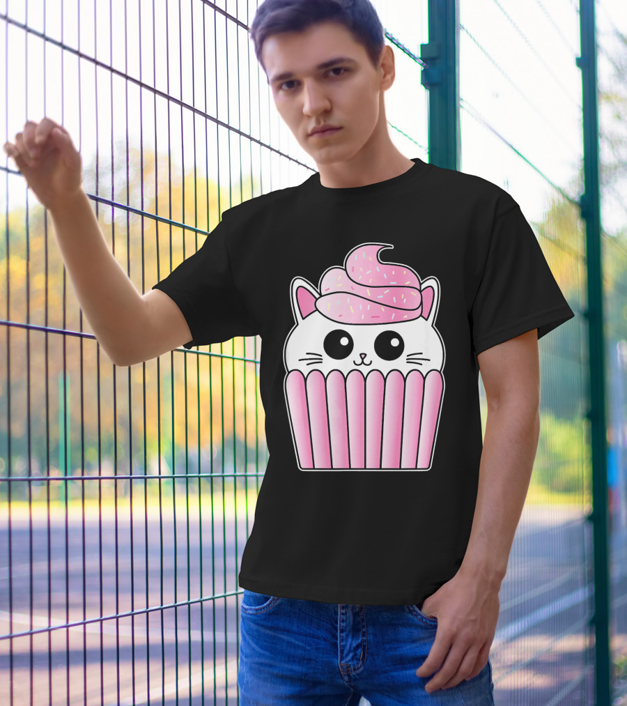 Kawaii Cat Cupcake Muffin In Pink Sweet Delight T-Shirt