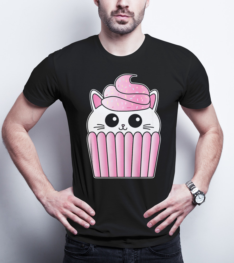 Kawaii Cat Cupcake Muffin In Pink Sweet Delight T-Shirt