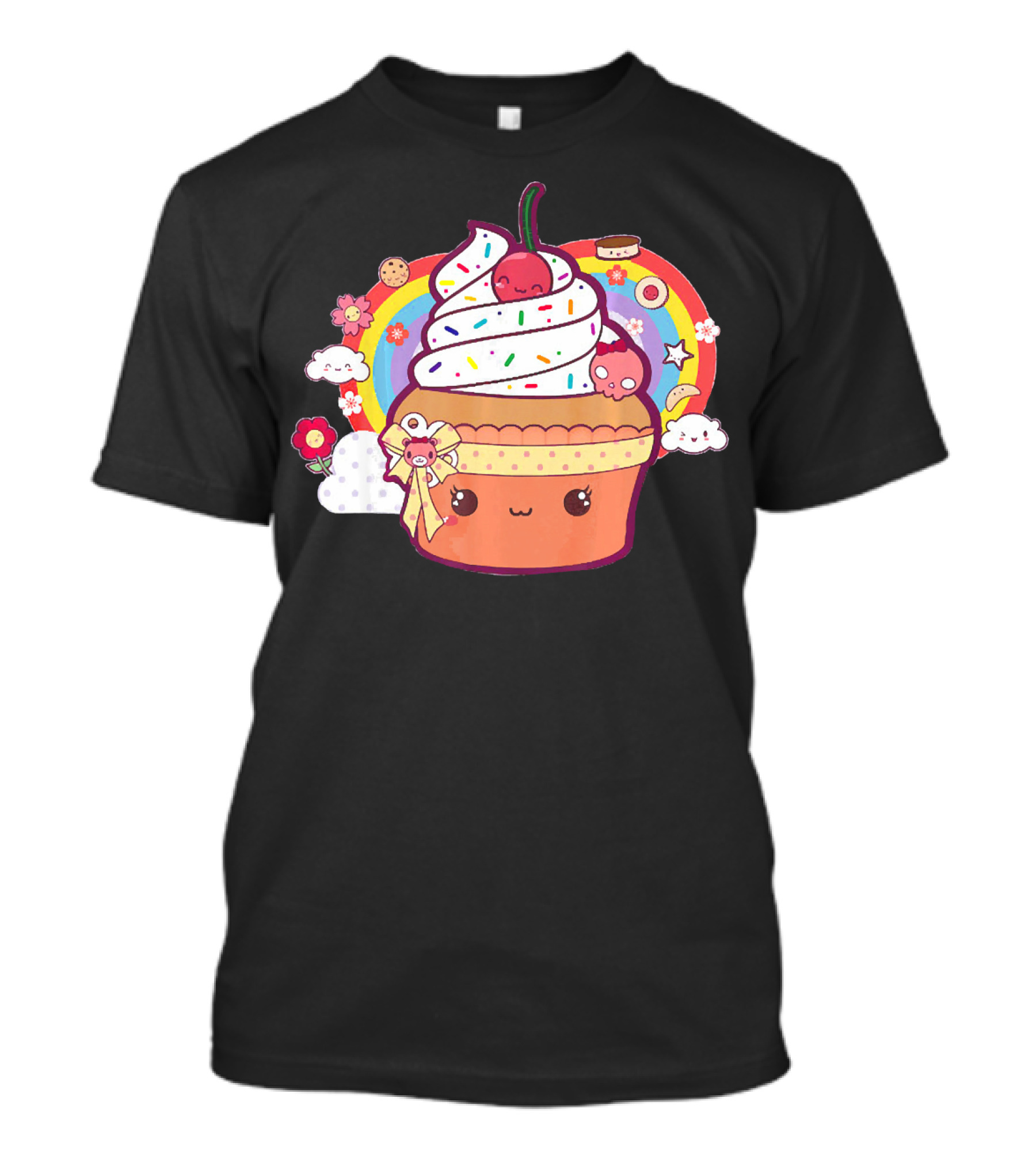 Funny Kawaii Chibi Cupcake With Rainbow And Cute Food Elements T-Shirt