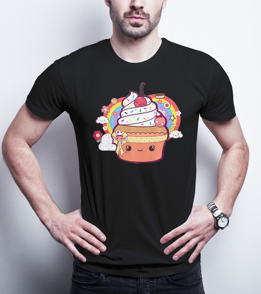 Funny Kawaii Chibi Cupcake With Rainbow And Cute Food Elements T-Shirt