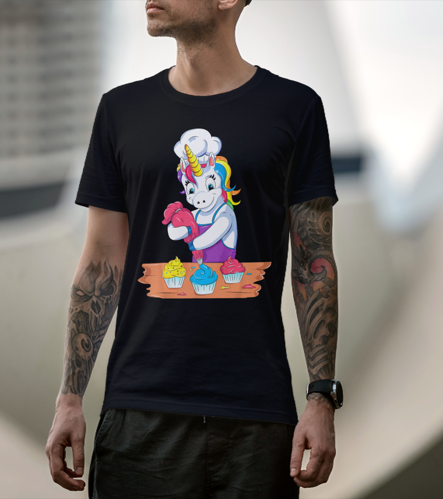 Unicorn Baking Colorful Cupcake Creations Chef T-Shirt