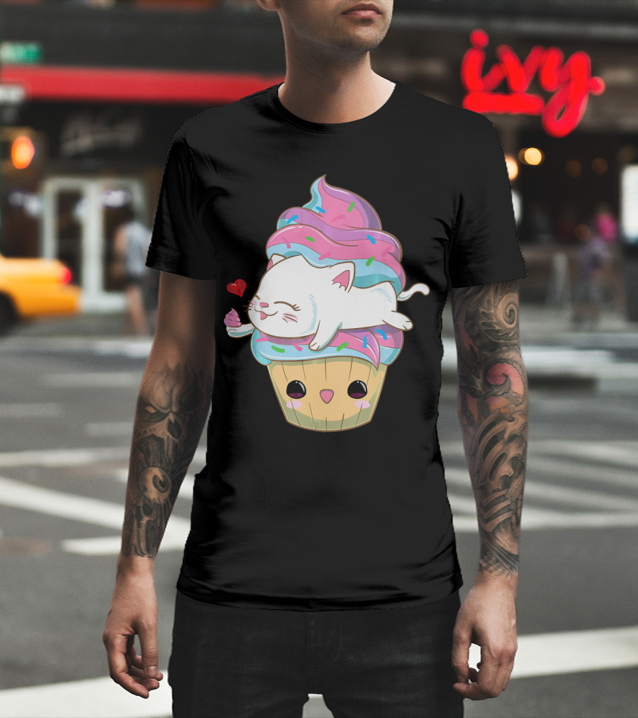 Cute Kawaii Cat On Pastel Sprinkles Cupcake With Heart Balloon T-Shirt