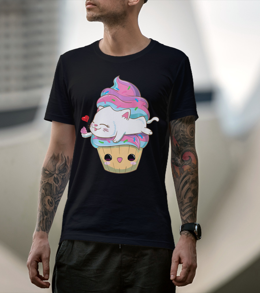 Cute Kawaii Cat On Pastel Sprinkles Cupcake With Heart Balloon T-Shirt