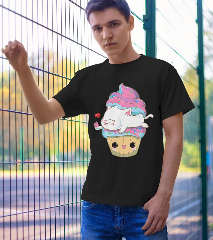 Cute Kawaii Cat On Pastel Sprinkles Cupcake With Heart Balloon T-Shirt