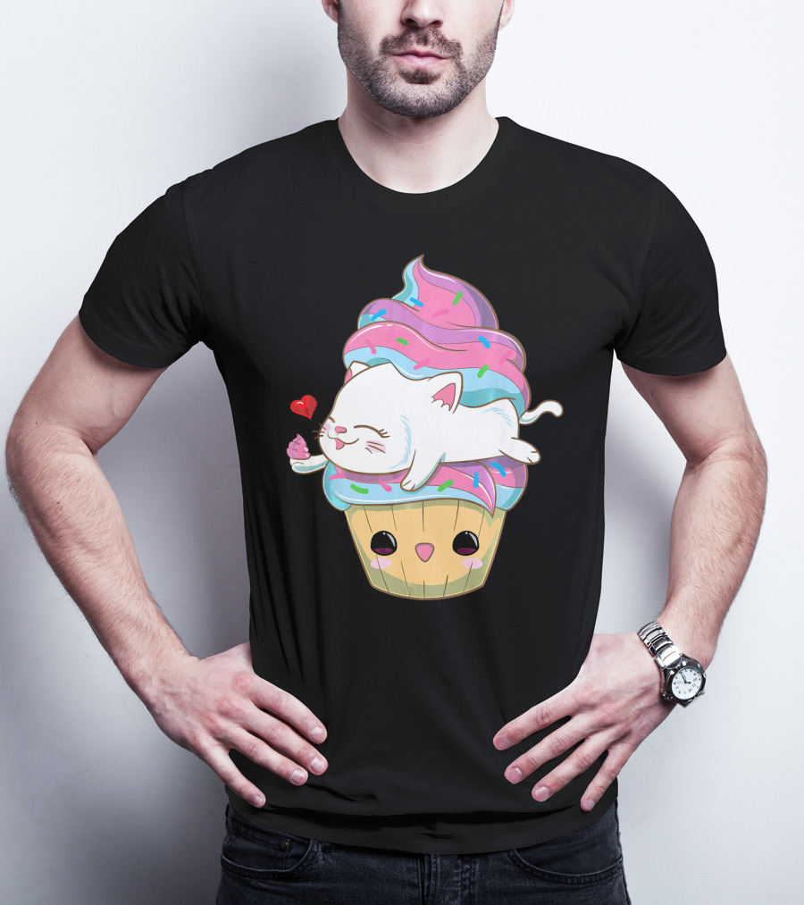 Cute Kawaii Cat On Pastel Sprinkles Cupcake With Heart Balloon T-Shirt
