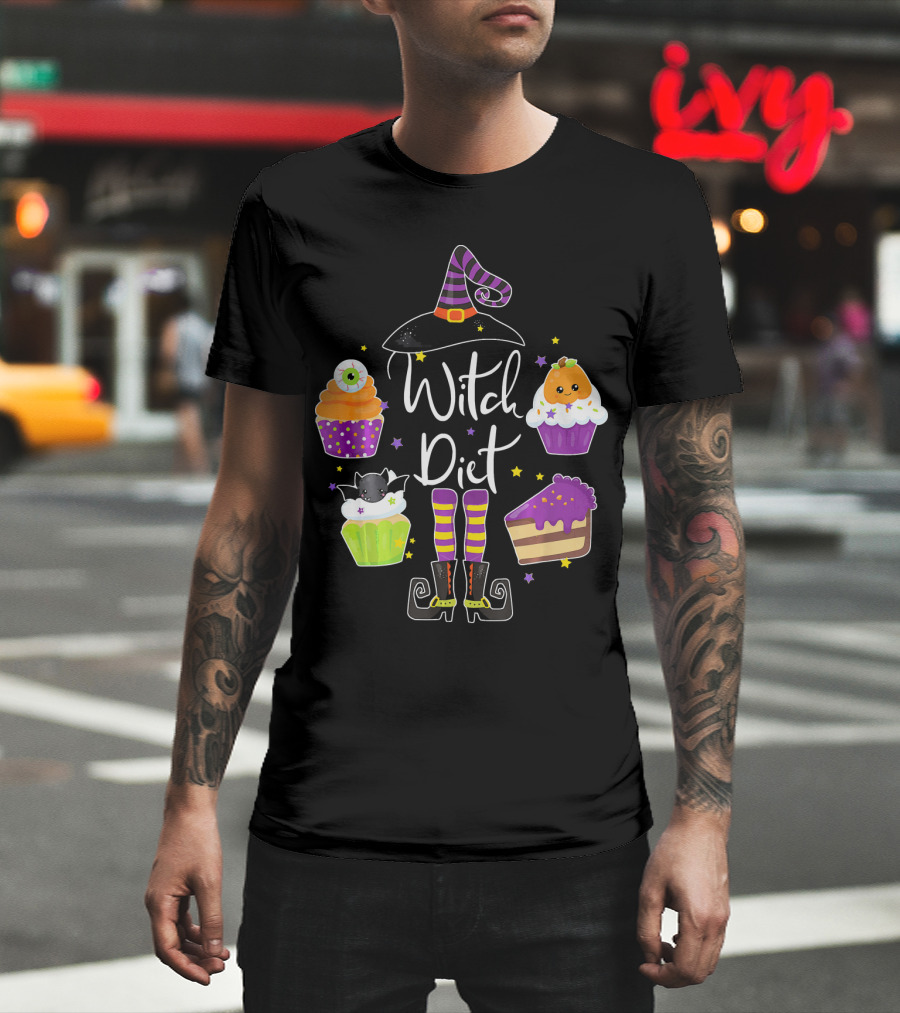 Witch Diet Funny Halloween Pumpkin Cupcake Treats With Witch Hat And Boots T-Shirt