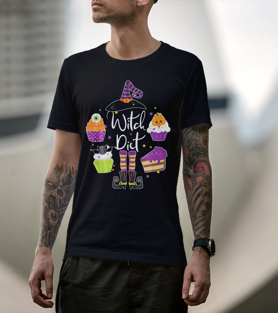 Witch Diet Funny Halloween Pumpkin Cupcake Treats With Witch Hat And Boots T-Shirt