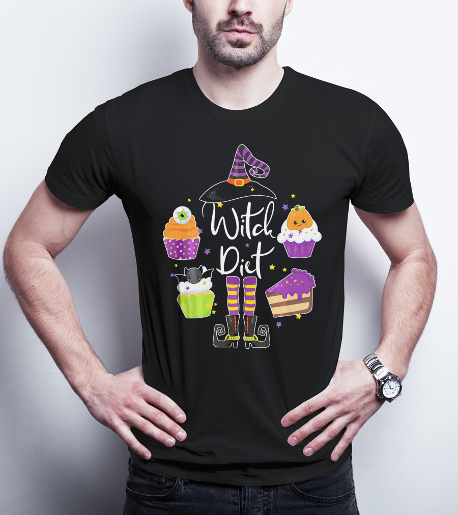 Witch Diet Funny Halloween Pumpkin Cupcake Treats With Witch Hat And Boots T-Shirt