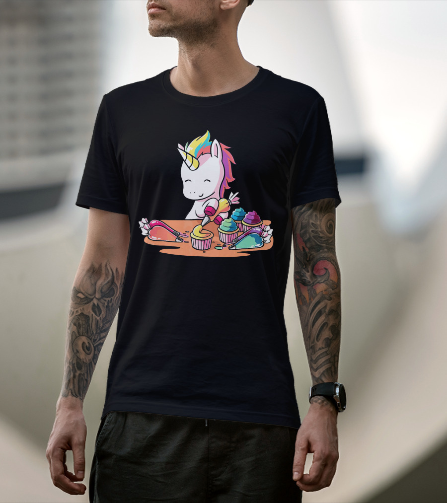 Unicorn Decorating Colorful Cupcakes With Rainbow Frosting T-Shirt
