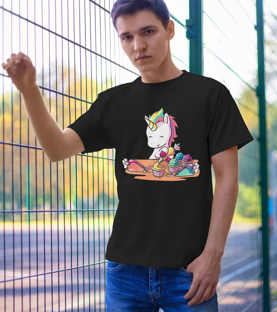 Unicorn Decorating Colorful Cupcakes With Rainbow Frosting T-Shirt