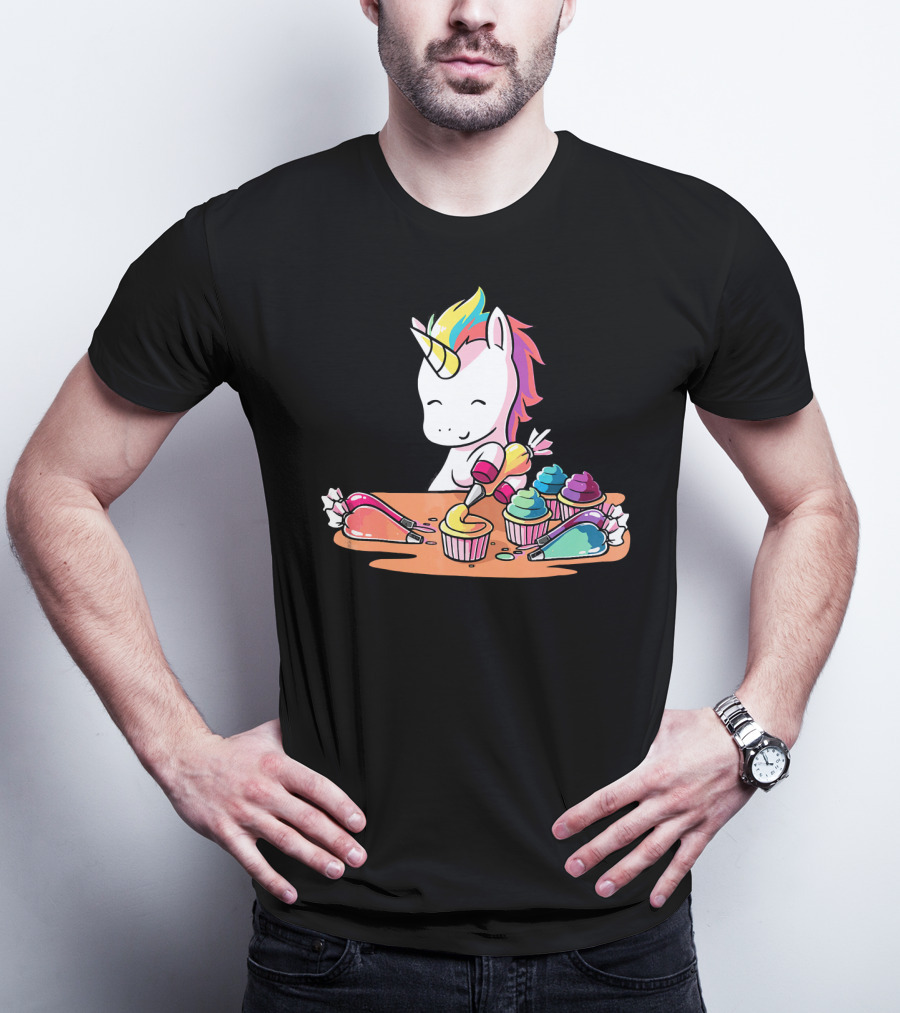Unicorn Decorating Colorful Cupcakes With Rainbow Frosting T-Shirt