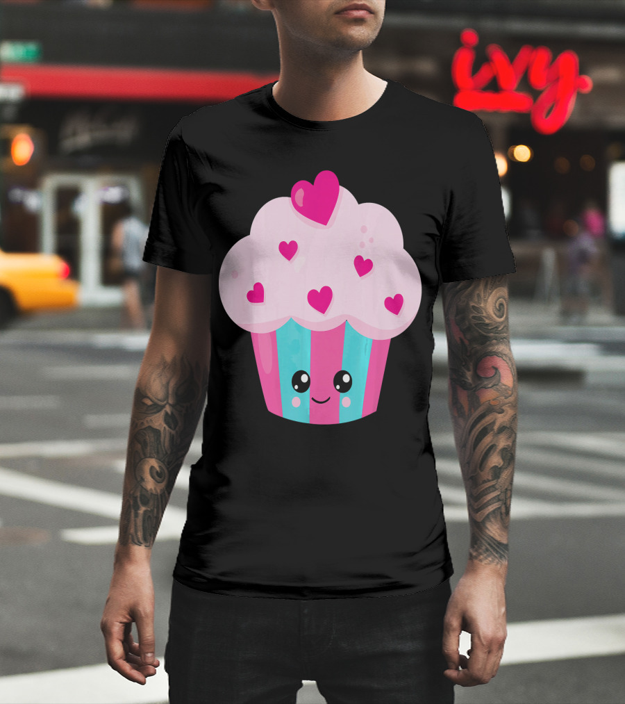 Kawaii Pink Hearts Cupcake With Cute Happy Face T-Shirt