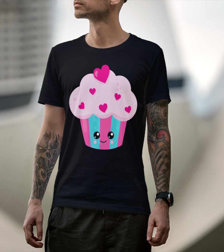 Kawaii Pink Hearts Cupcake With Cute Happy Face T-Shirt