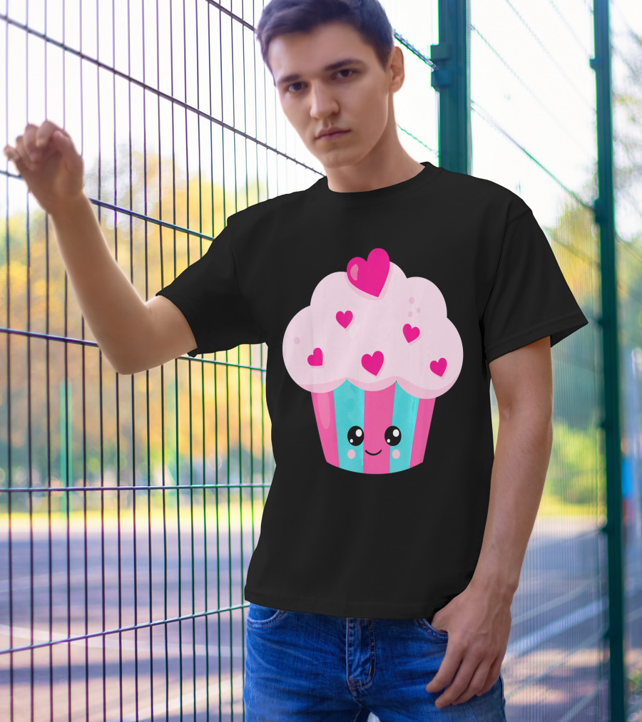 Kawaii Pink Hearts Cupcake With Cute Happy Face T-Shirt