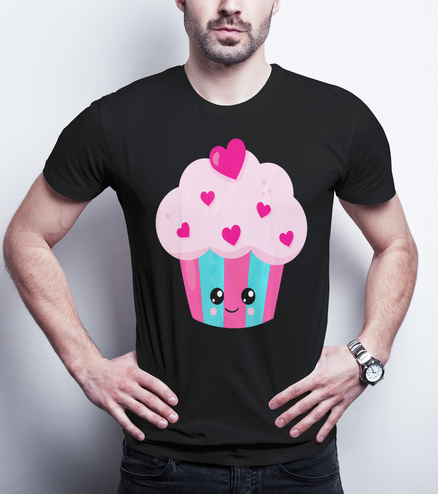 Kawaii Pink Hearts Cupcake With Cute Happy Face T-Shirt