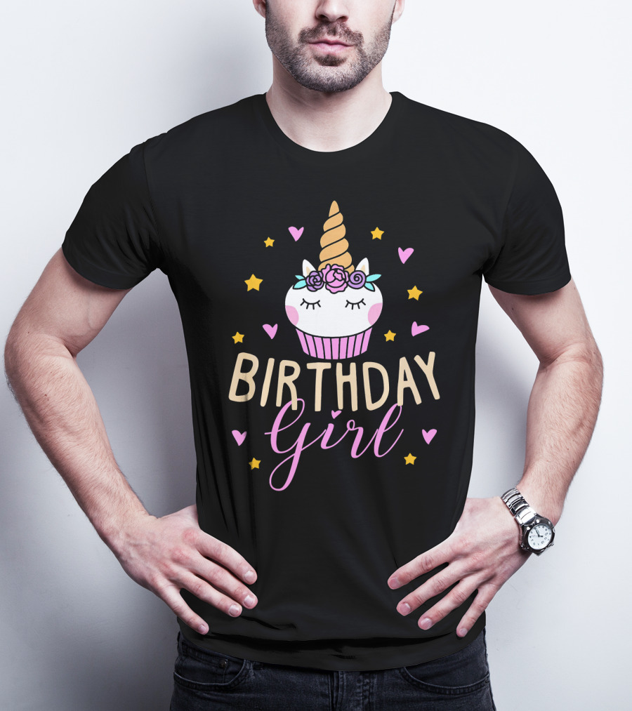 Birthday Girl Unicorn Cupcake Stars Hearts Cute Funny T-Shirt