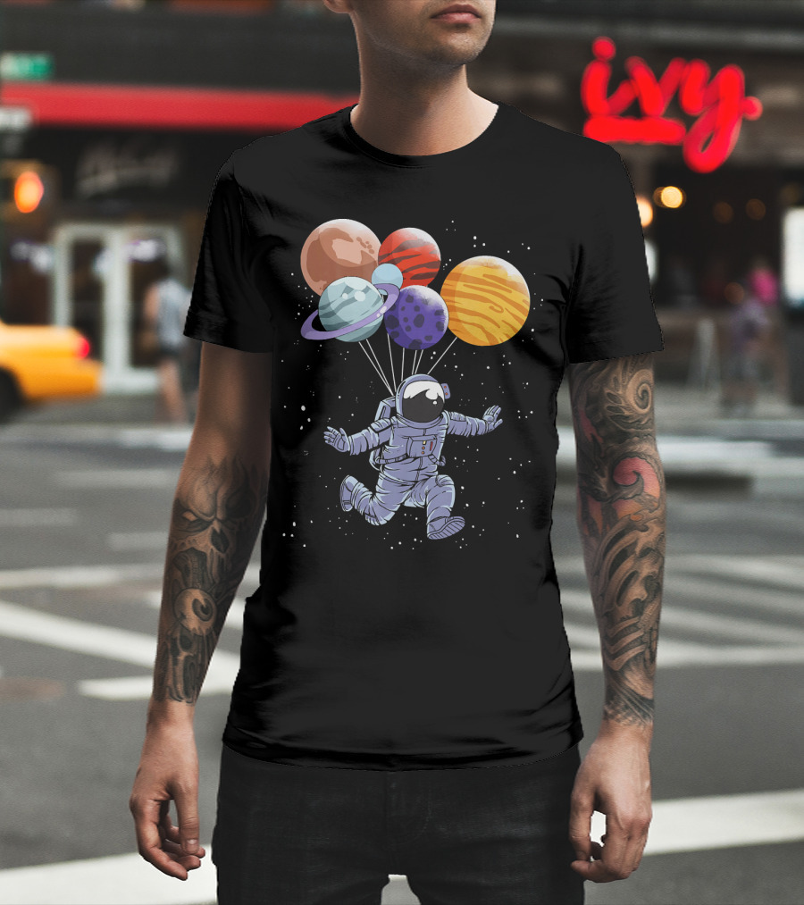 Astronaut Floating With Planet Balloons In Space Boys T-Shirt