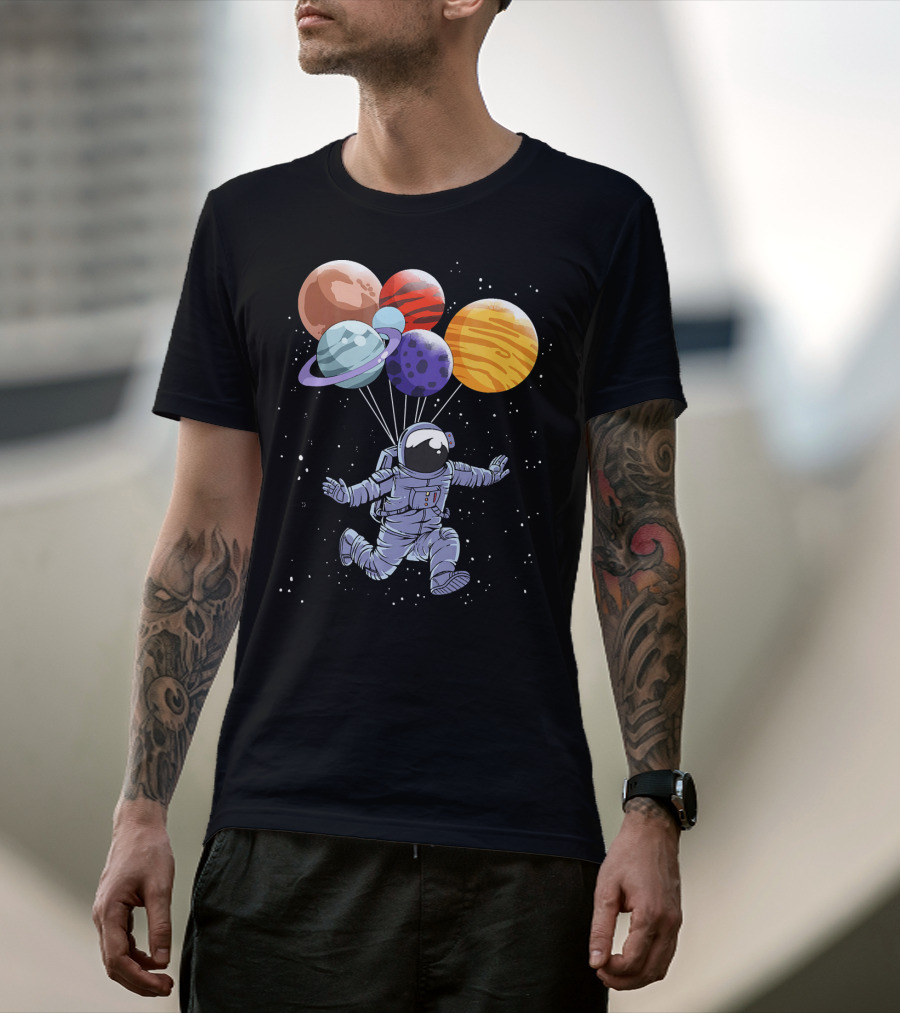 Astronaut Floating With Planet Balloons In Space Boys T-Shirt