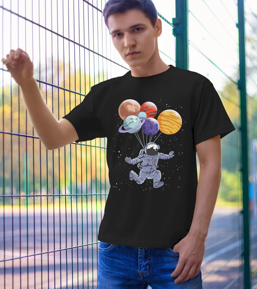 Astronaut Floating With Planet Balloons In Space Boys T-Shirt