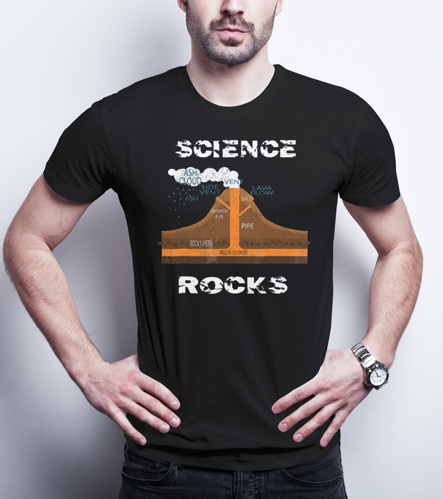 Science Rocks Distressed Volcano Diagram With Ash Cloud And Magma Chamber T-Shirt