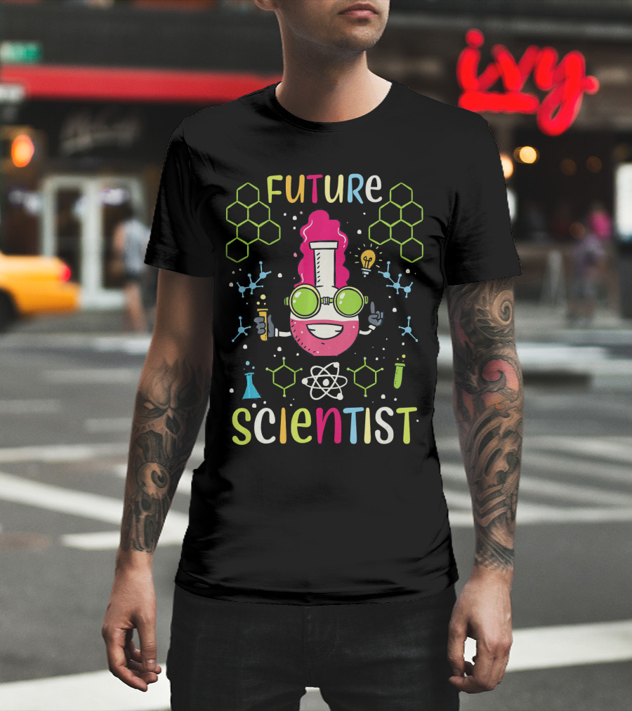 Future Scientist Junior Kids Science Beaker Atom Molecule Hexagon Lab Lightbulb T-Shirt