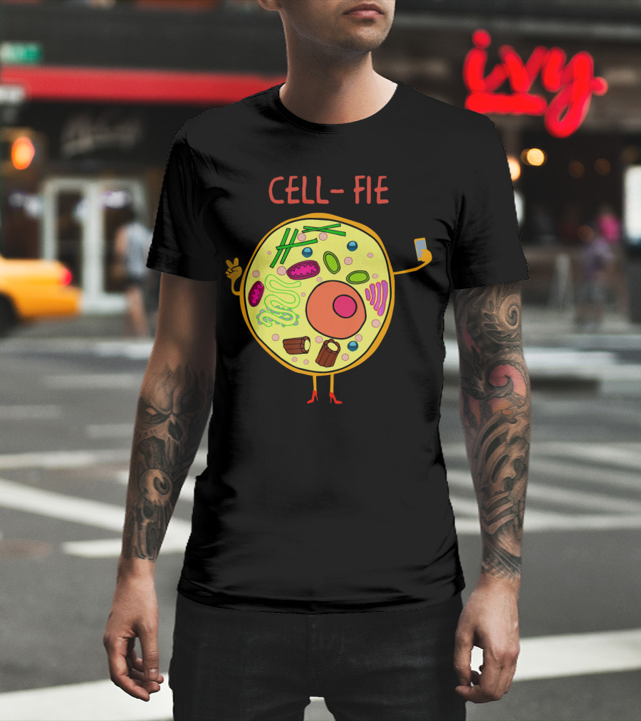 Cell-Fie Funny Science Tee Featuring Cartoon Cell Taking Selfie T-Shirt