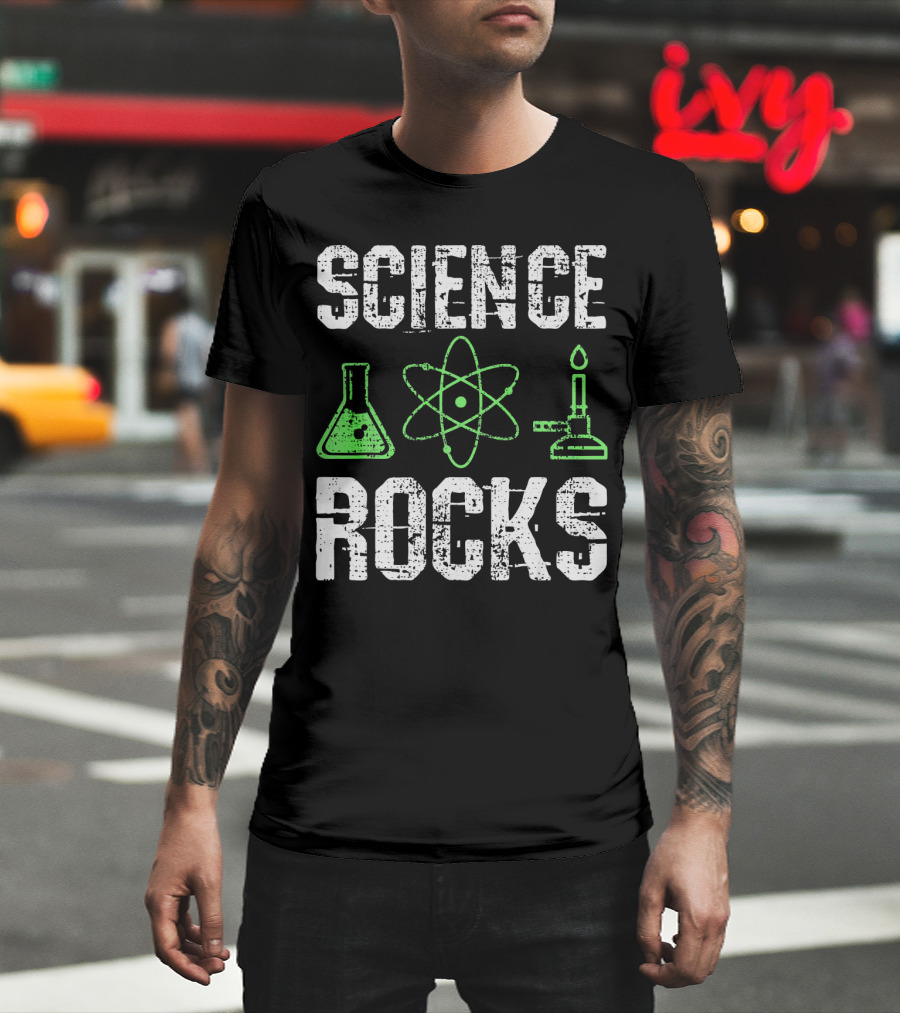 Science Rocks Biology Chemistry Beaker Atom Bunsen Burner T-Shirt