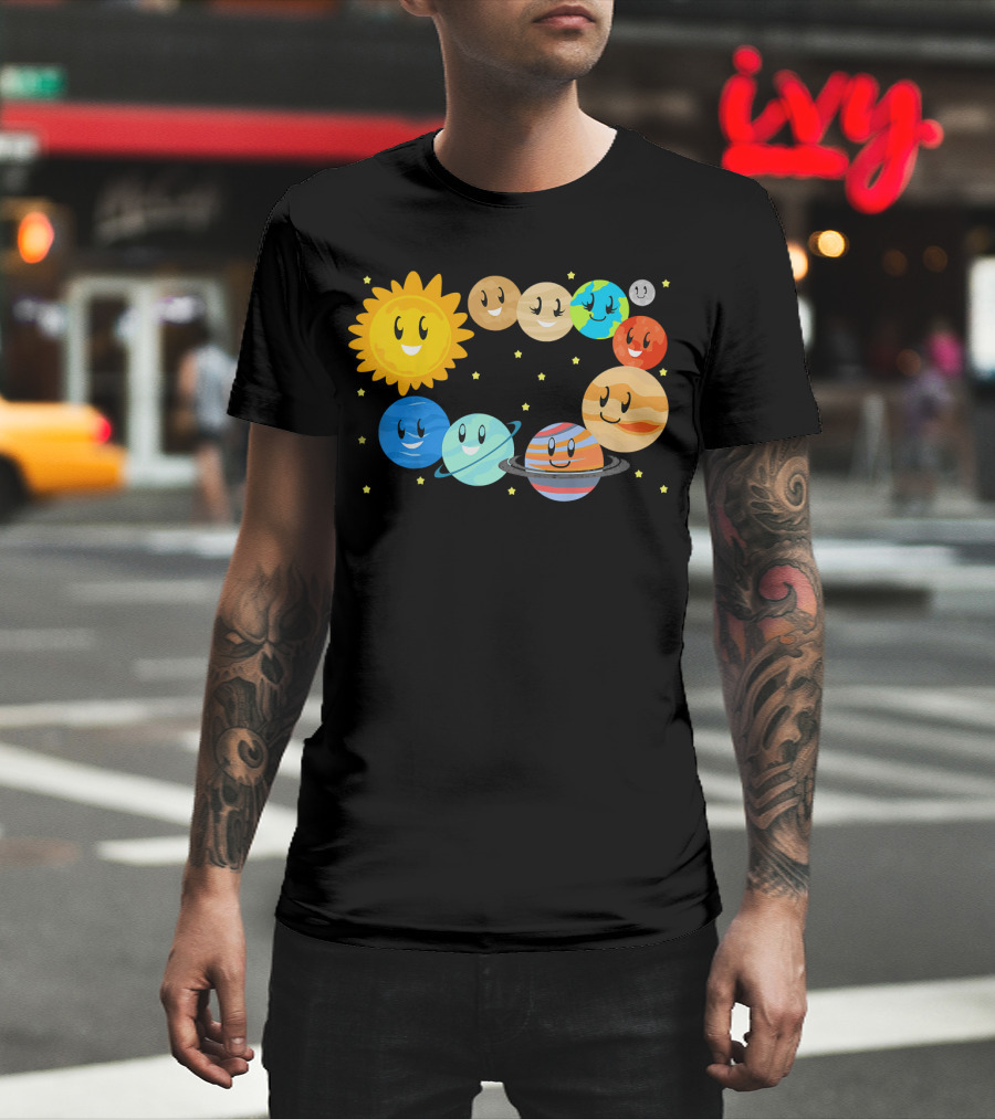 Kids Solar System Science Planets Learning Smiling Sun And Stars T-Shirt