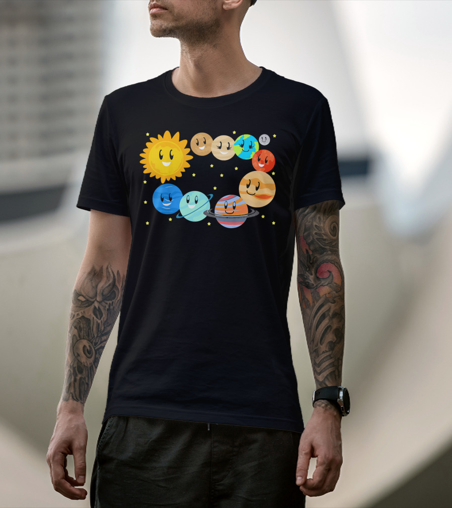 Kids Solar System Science Planets Learning Smiling Sun And Stars T-Shirt