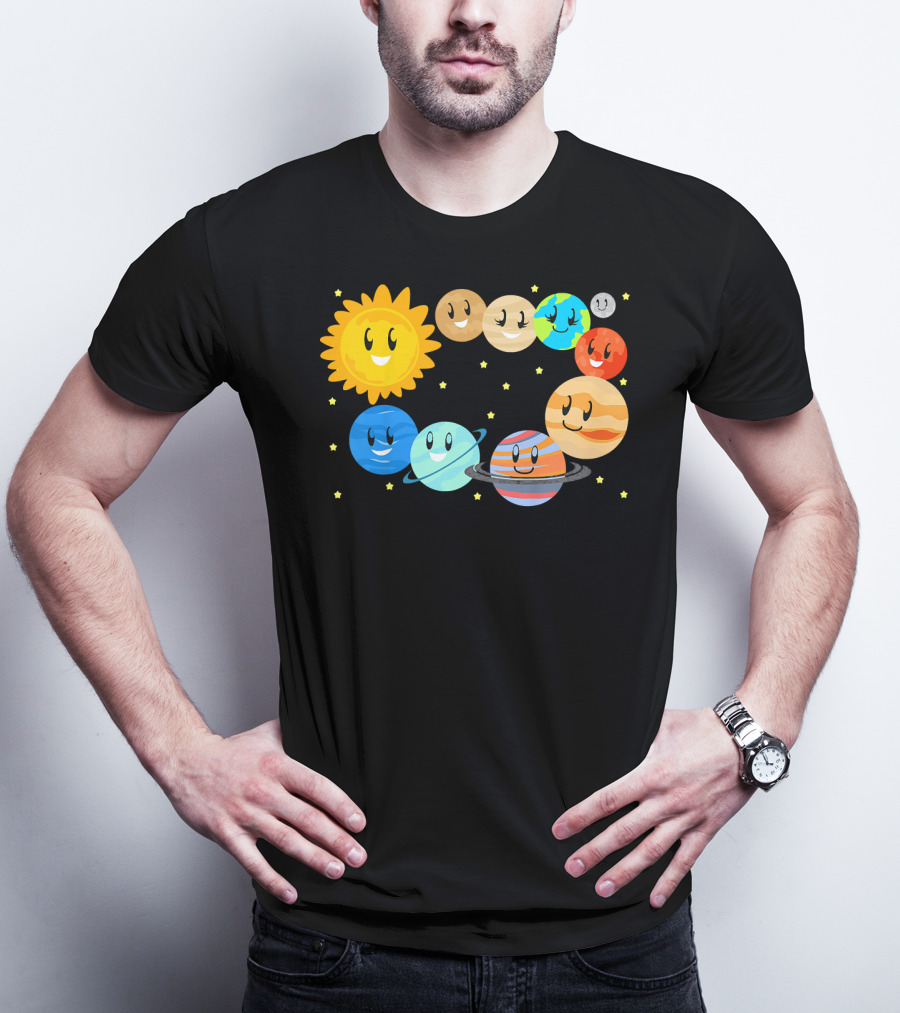 Kids Solar System Science Planets Learning Smiling Sun And Stars T-Shirt