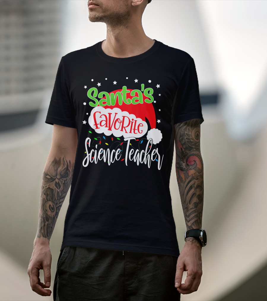Santa's Favorite Science Teacher Christmas Hat Lights T-Shirt
