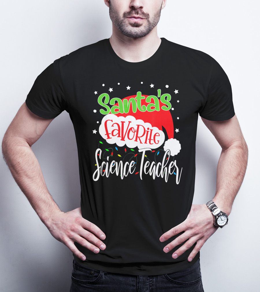 Santa's Favorite Science Teacher Christmas Hat Lights T-Shirt