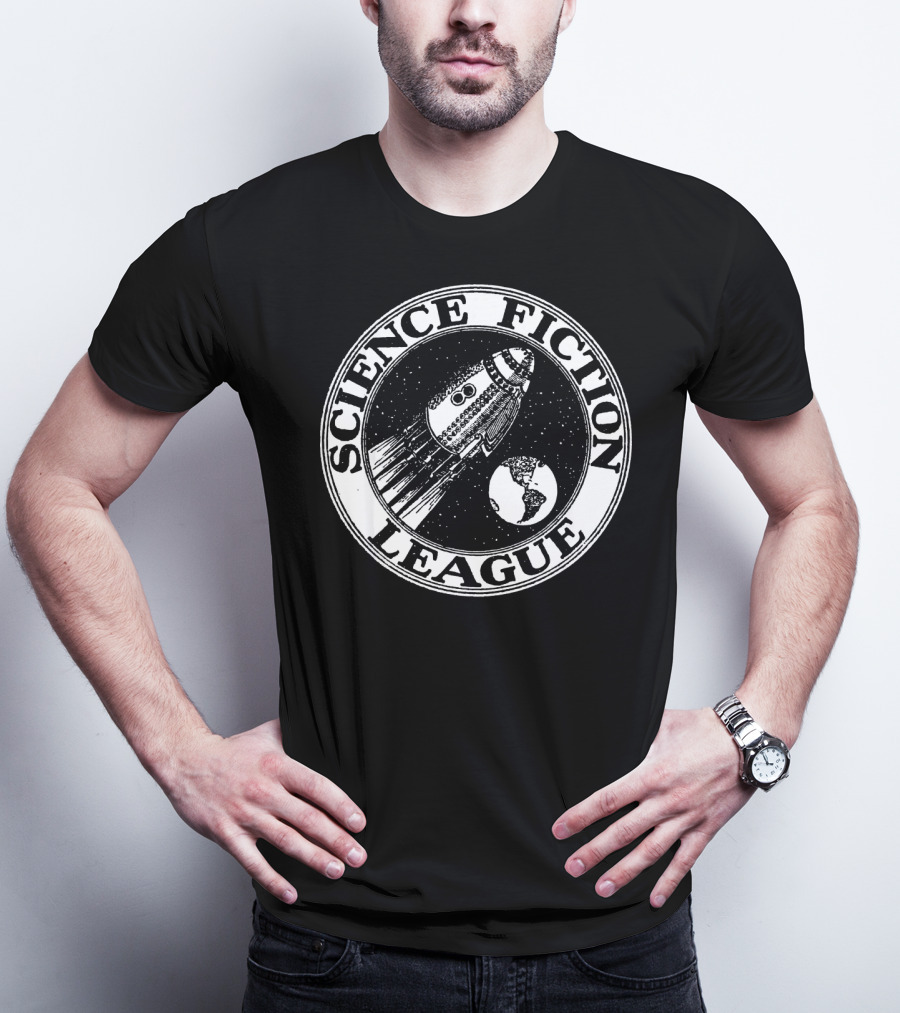 Science Fiction League 1930s Rocket And Earth Emblem T-Shirt