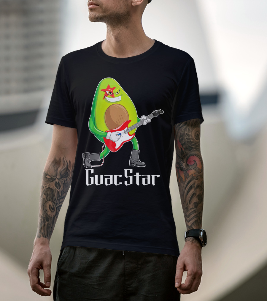 Guac Star Avocado Rock Star Playing Guitar With Red Boots T-Shirt